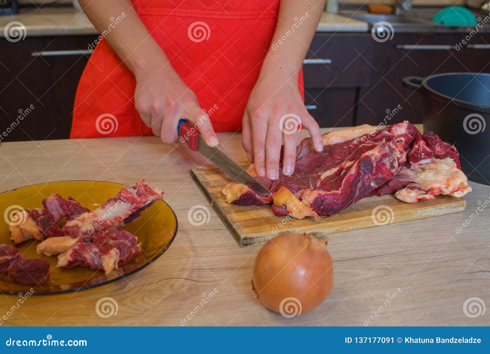 Chef Cutting Meat on Cutting Board. Chef at Work, Kitchen Stock Image ...