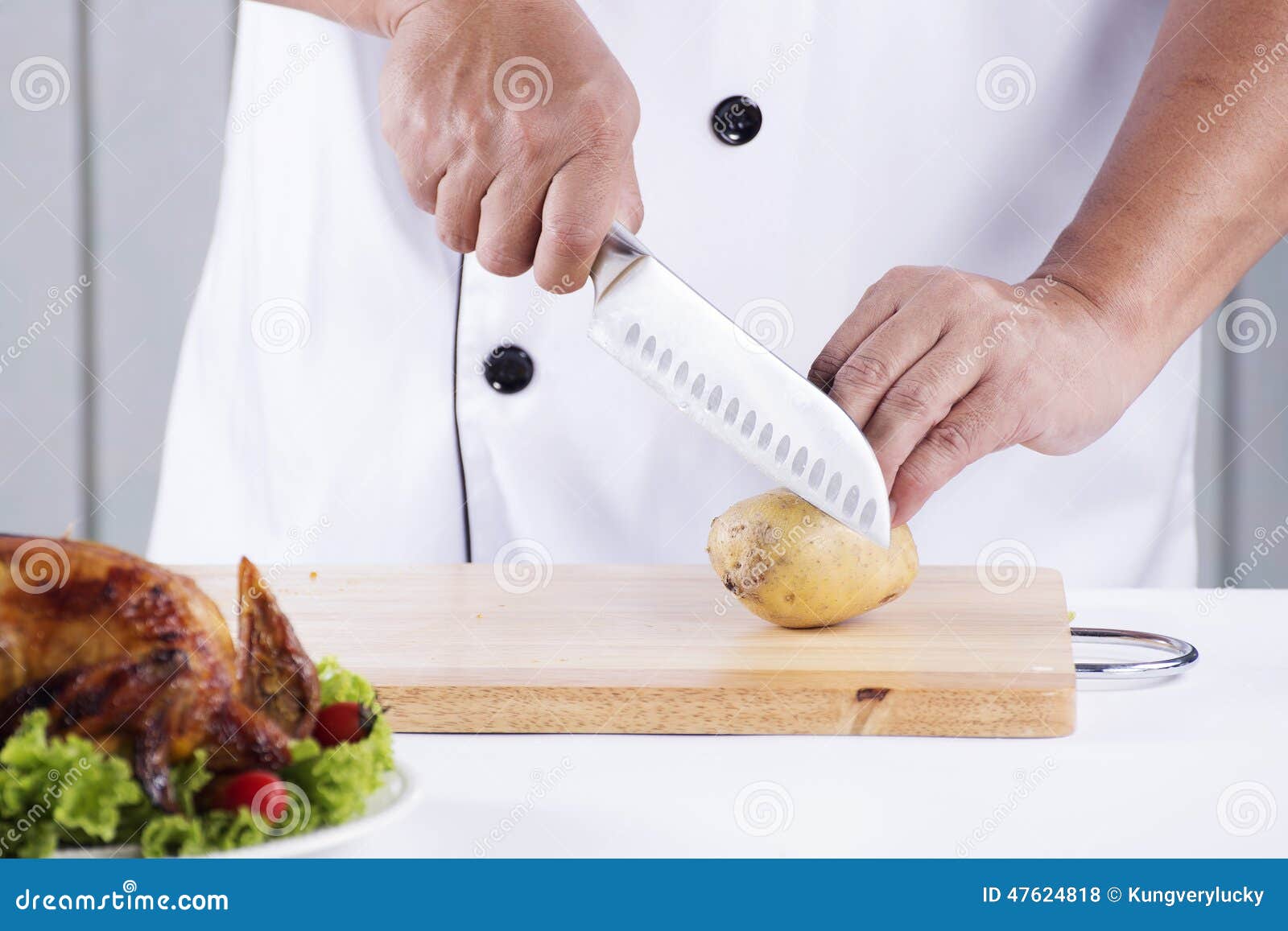 Chef cutting potato stock photo. Image of service, freshness - 47624818