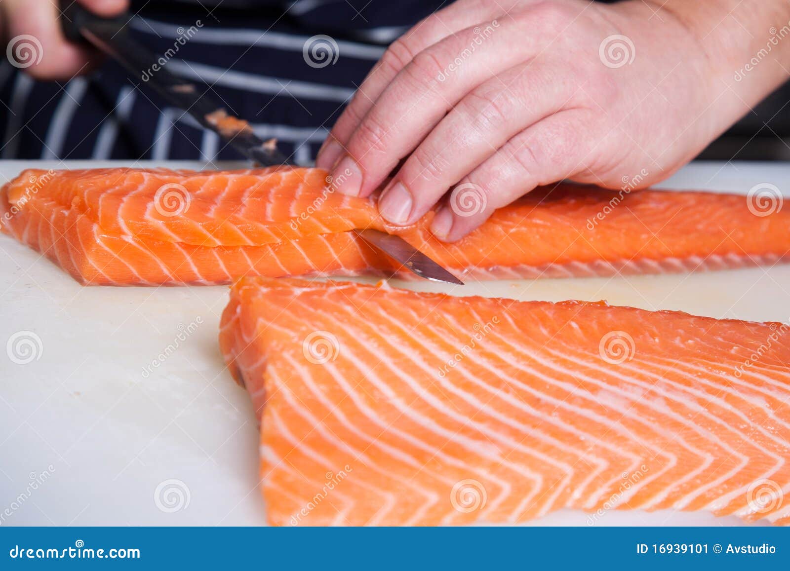 Chef cutting salmon fish stock image. Image of food, chef - 16939101