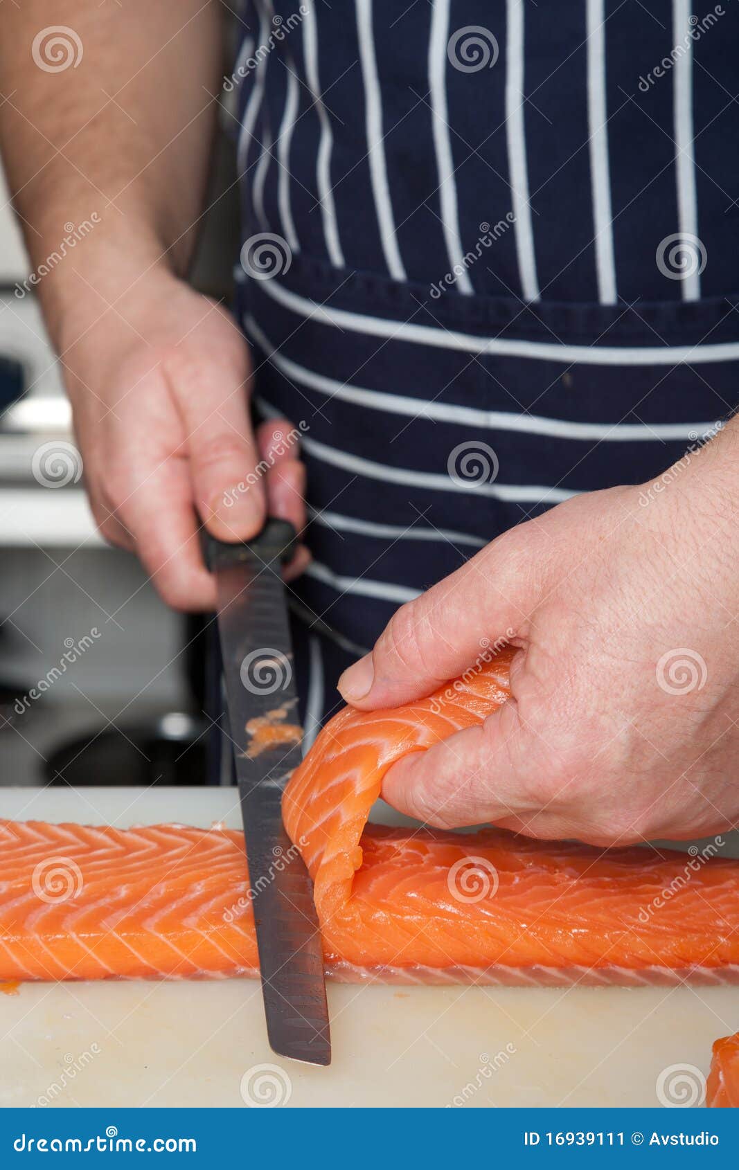Chef Cutting Salmon Fish on Fillets Stock Image - Image of culinary ...
