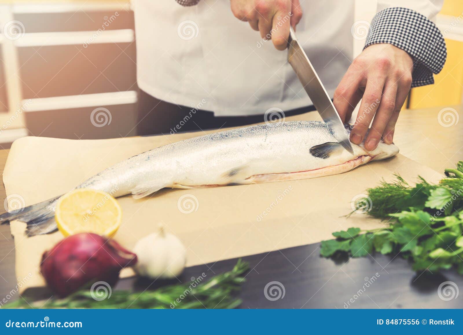 Chef Cutting Salmon Fish at Restaurant Kitchen Stock Photo - Image of ...
