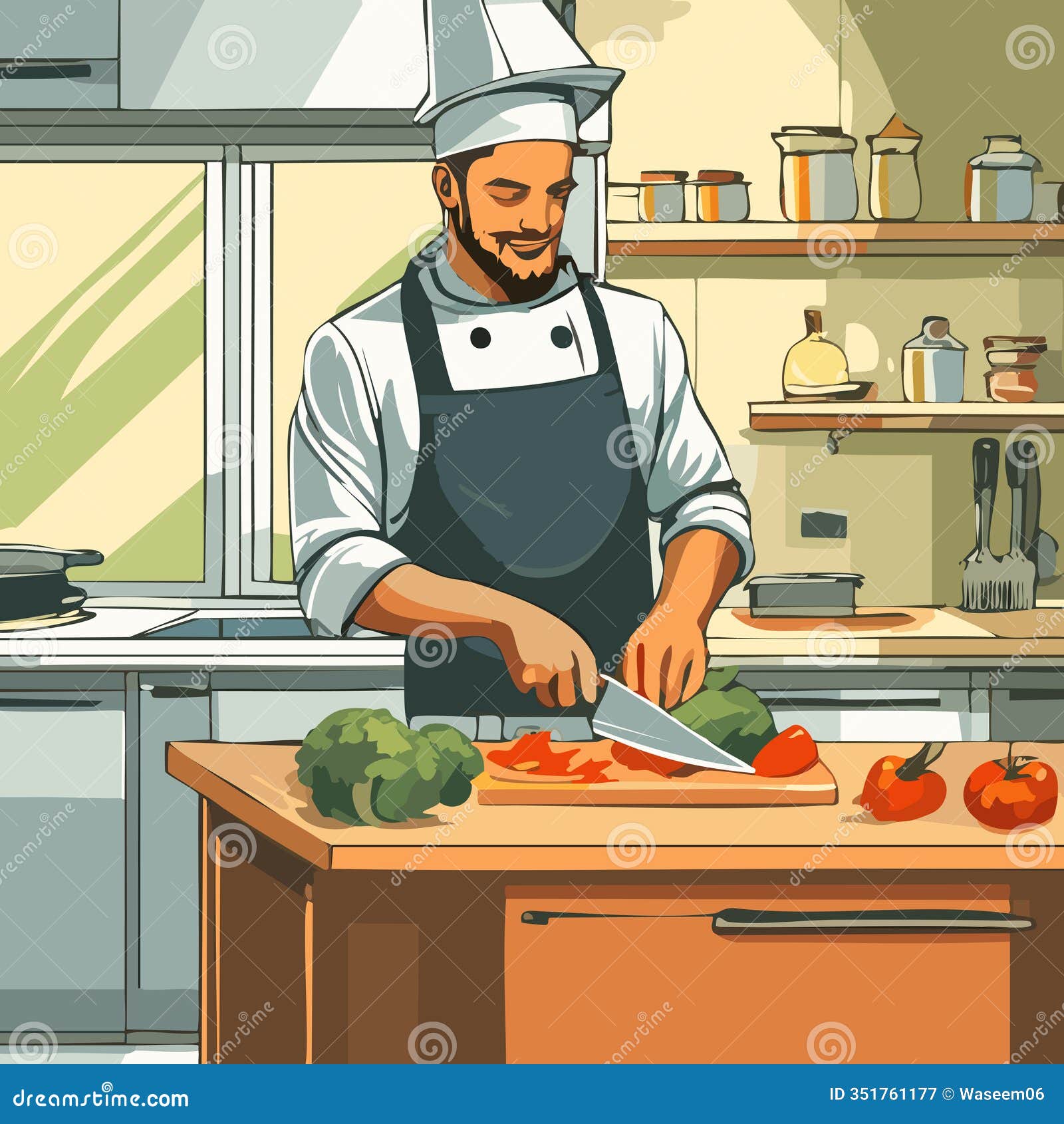 Chef Cutting Vegetables in the Kitchen. Vector Illustration in Cartoon ...