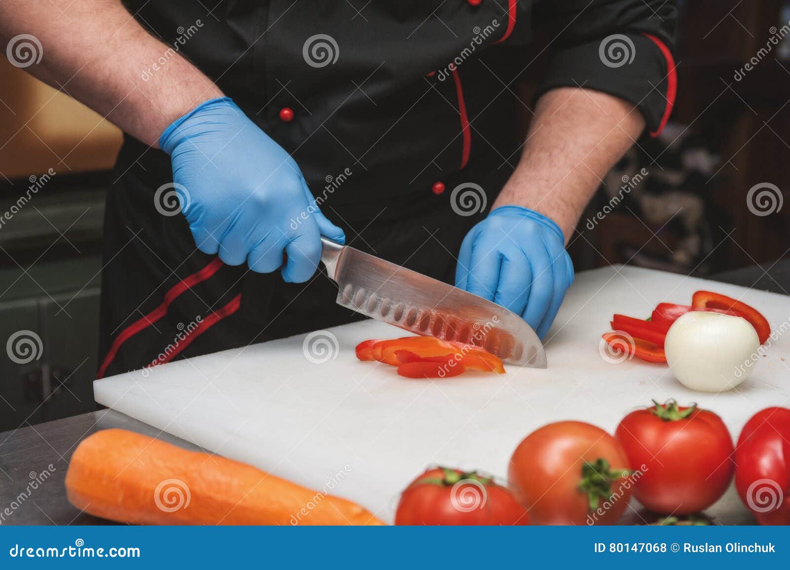 Chef cutting vegetables stock photo. Image of lunch, hand - 80147068