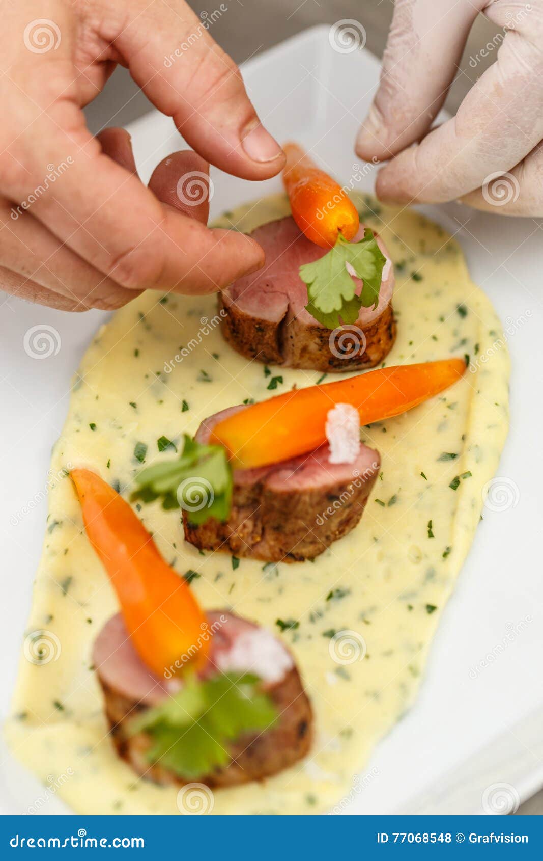 Chef decorating meat plate stock photo. Image of gourmet - 77068548