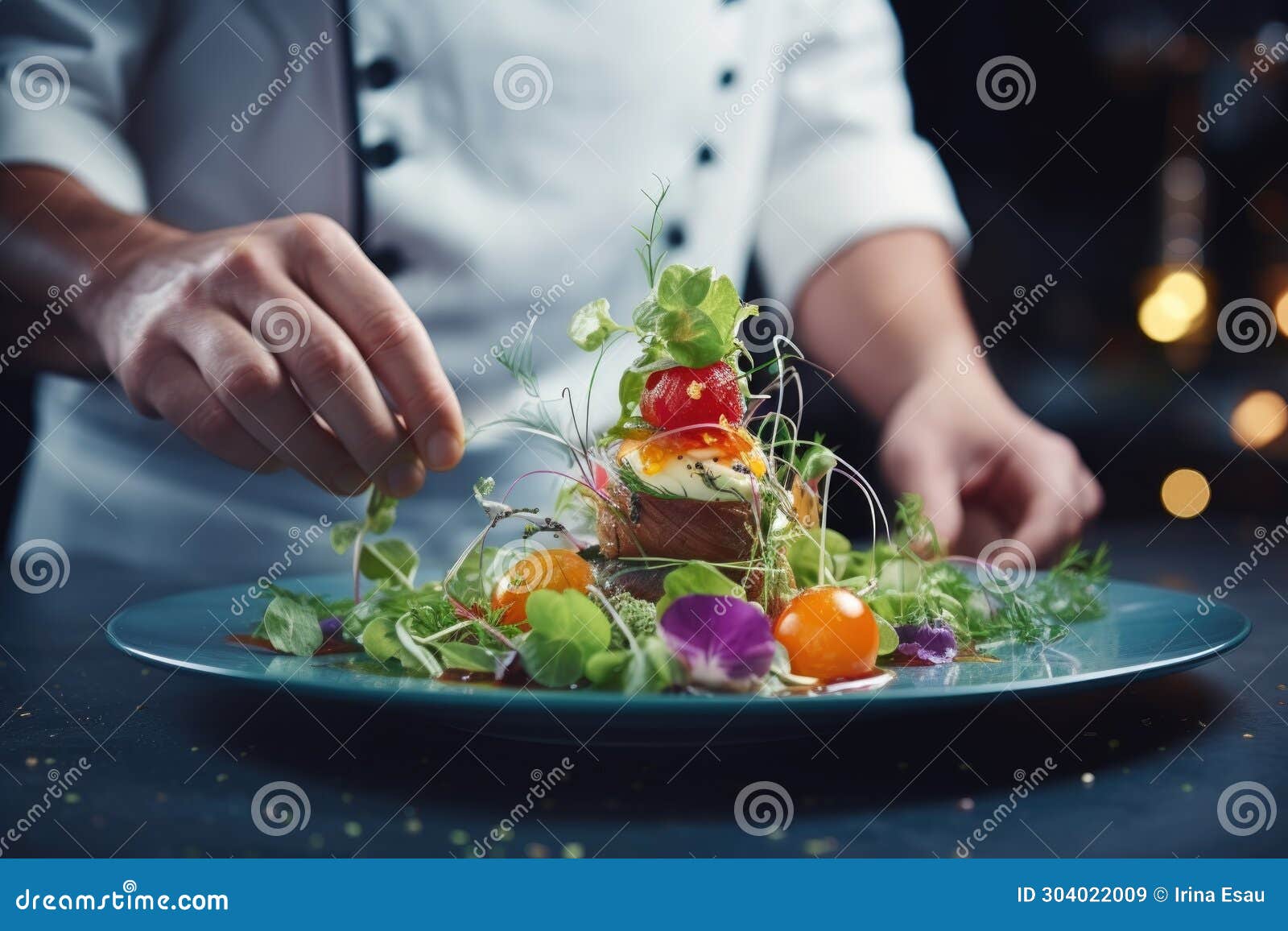 Chef Delicately Garnishes a Complexly Arranged Dish, Creating a ...