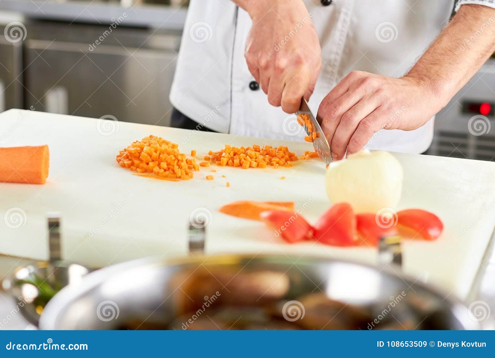 Chef dicing carrot. stock image. Image of hand, dicing - 108653509