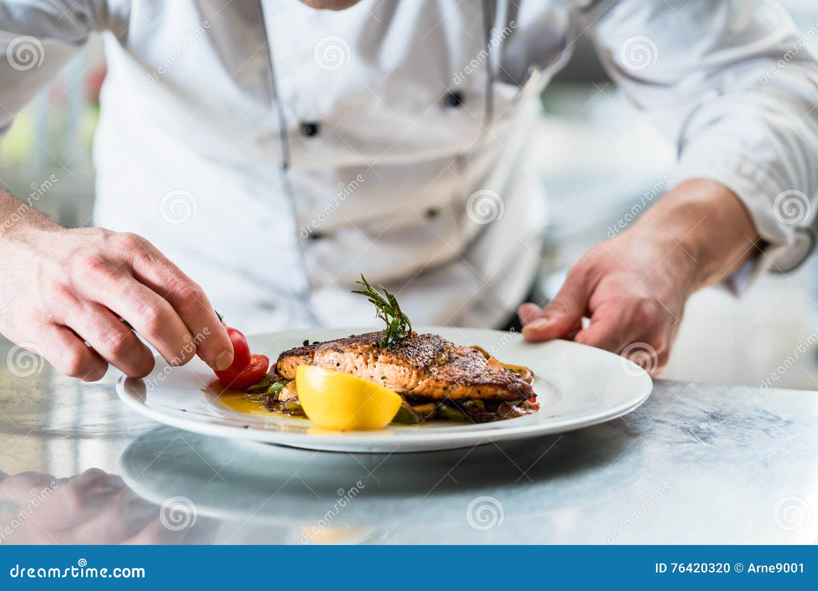 Chef with Diligence Finishing Dish on Plate Stock Photo - Image of ...