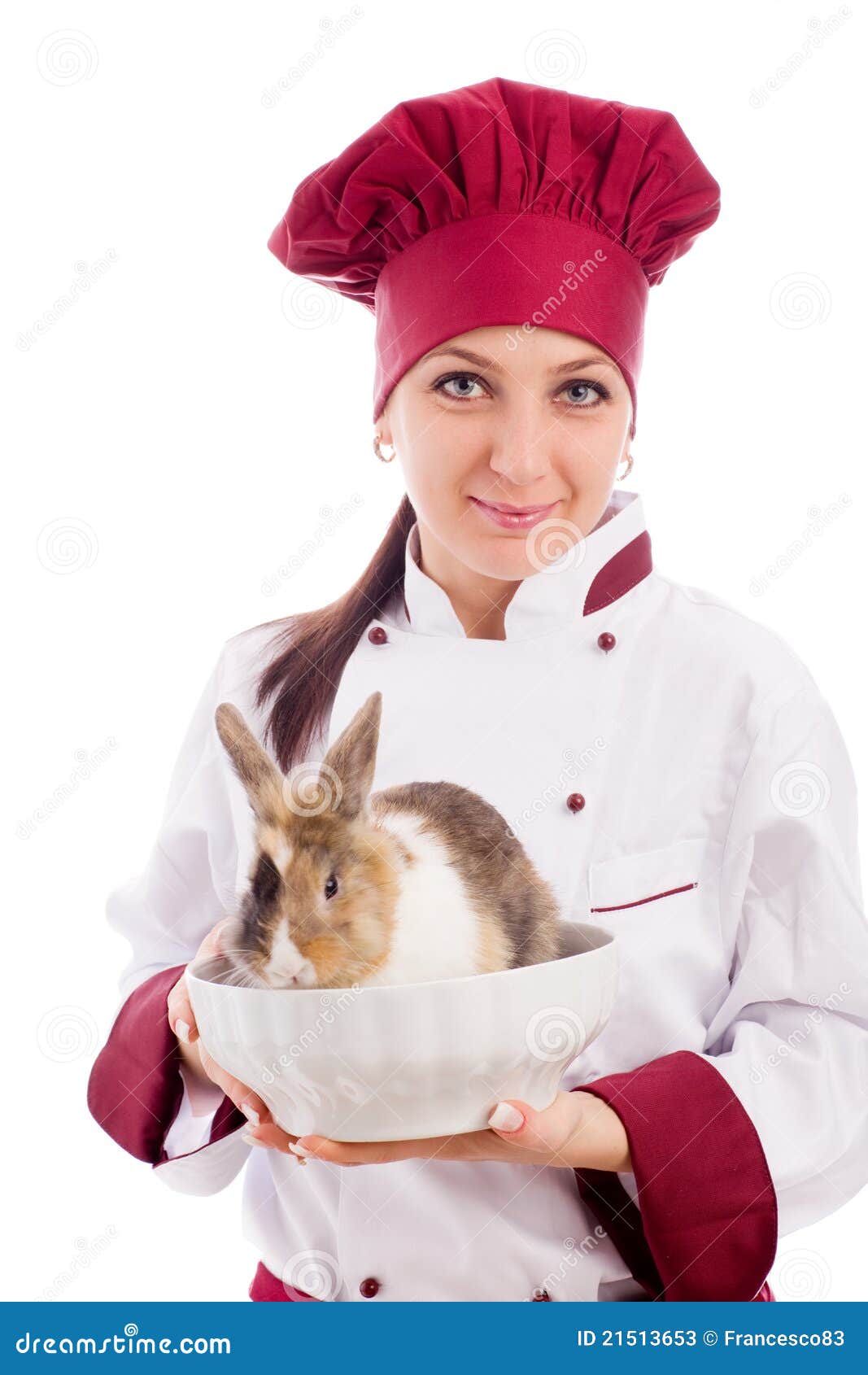 Chef with Dwarf Rabbit Inside a Bowl Stock Image - Image of woman, chef ...