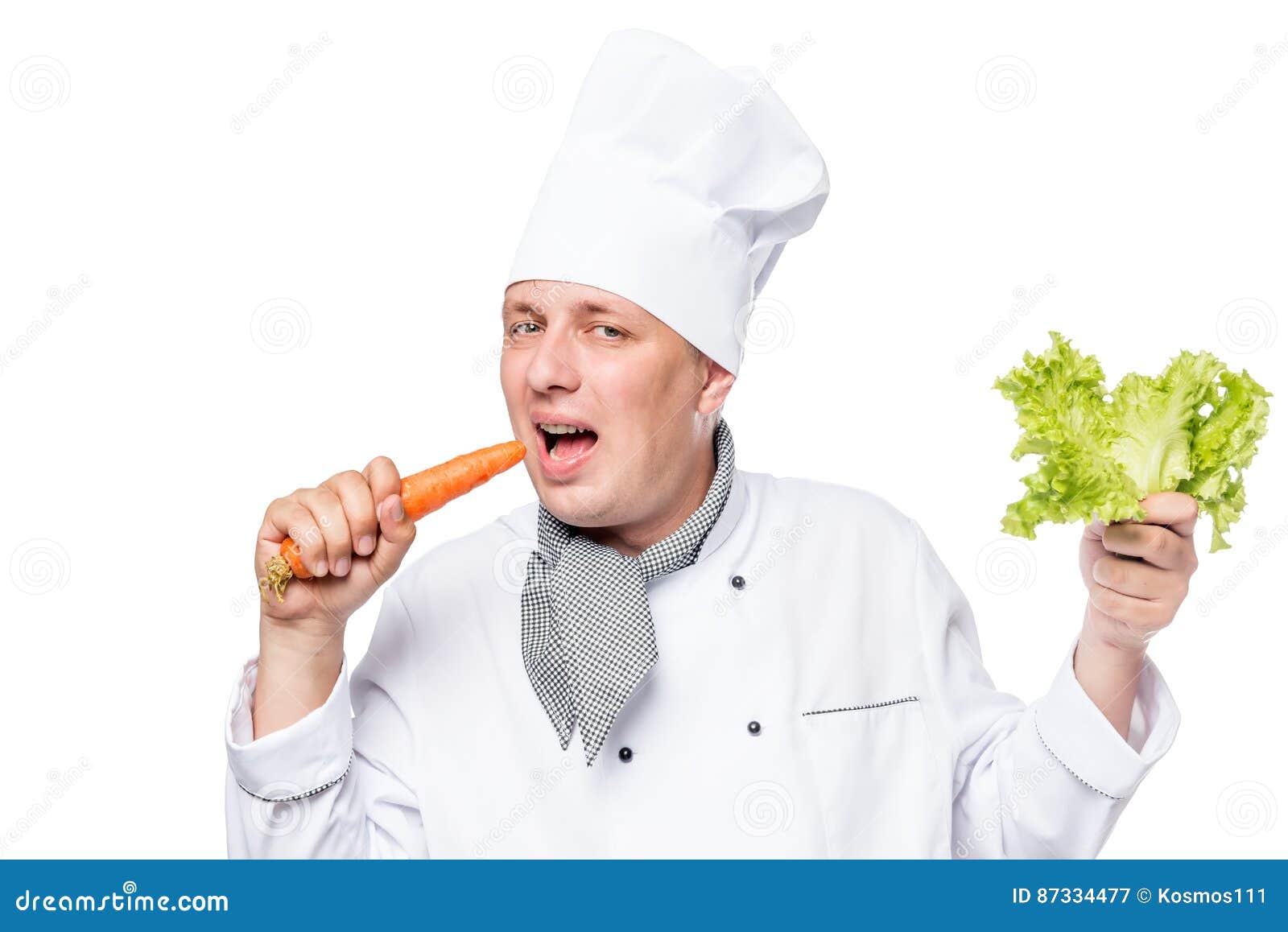Chef Eating Fresh Carrot in Studio Against a White Stock Image - Image ...