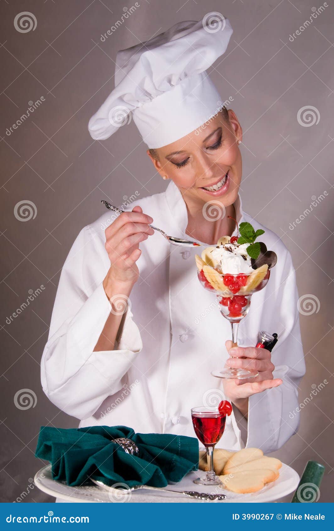 Chef Enjoys Valentine Dessert Stock Image - Image of green, glass: 3990267