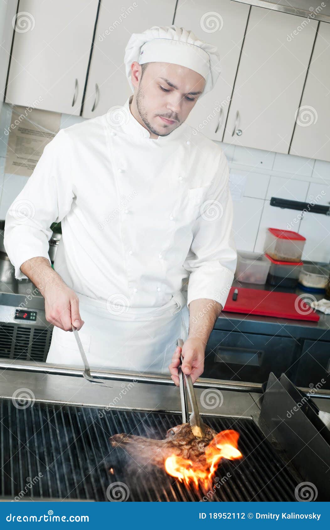 Chef Frying Beef Steak on Grill Stock Photo - Image of cooker ...