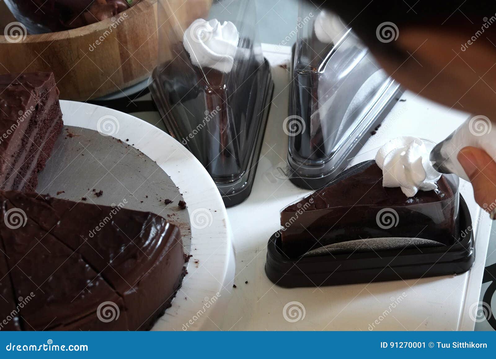 Chef Garnish Chocolate Cake with Cream Stock Image - Image of sweet ...