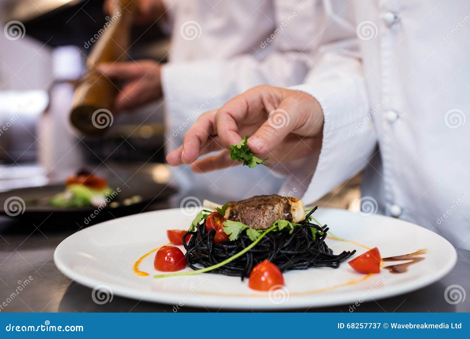 Chef Garnishing Meal on Counter Stock Image - Image of hand, commercial ...