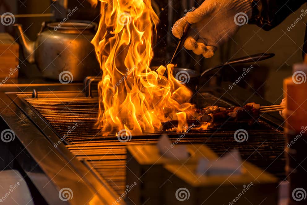 Chef Grilling Bbq with Flame of Burning in Restaurant Stock Image ...
