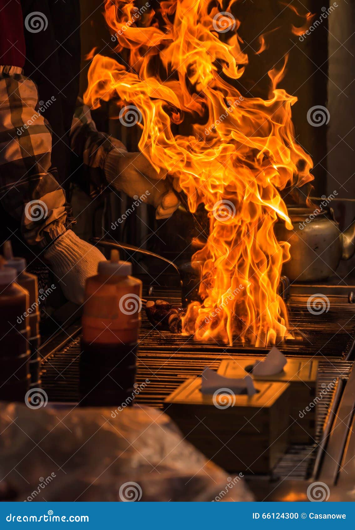 Chef Grilling Bbq with Flame of Burning in Restaurant Stock Photo ...
