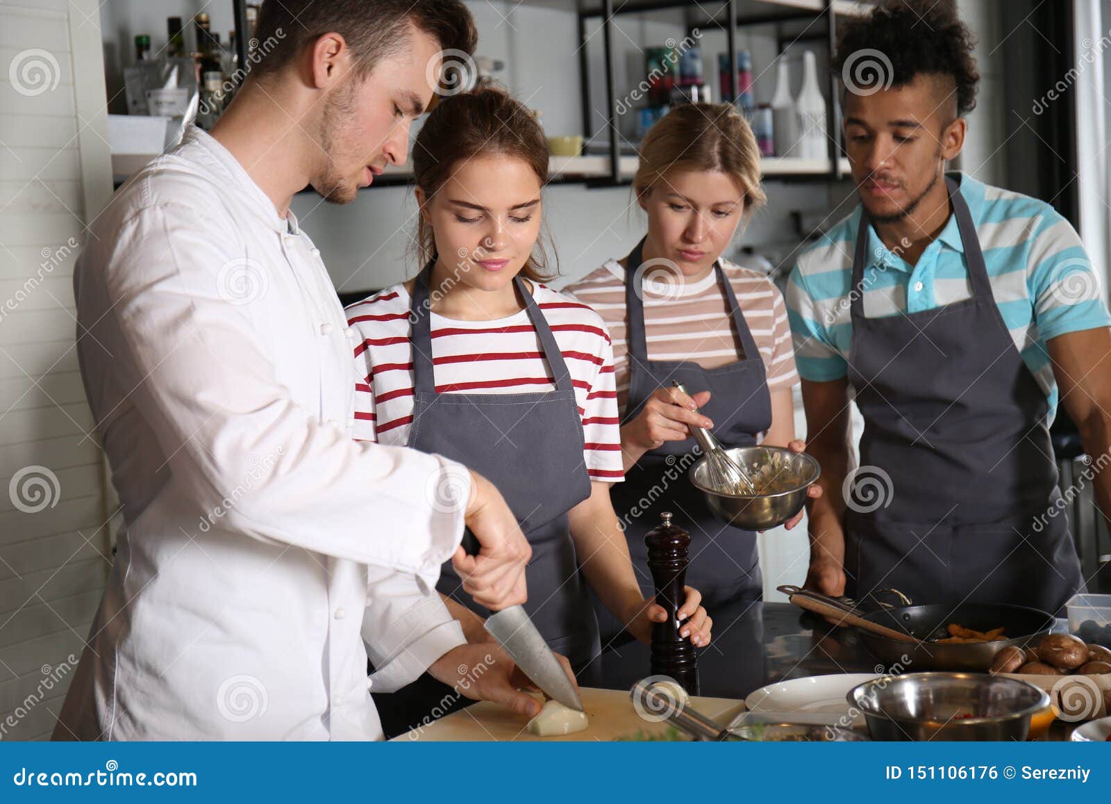 Chef and Group of Young People during Cooking Classes Stock Photo ...