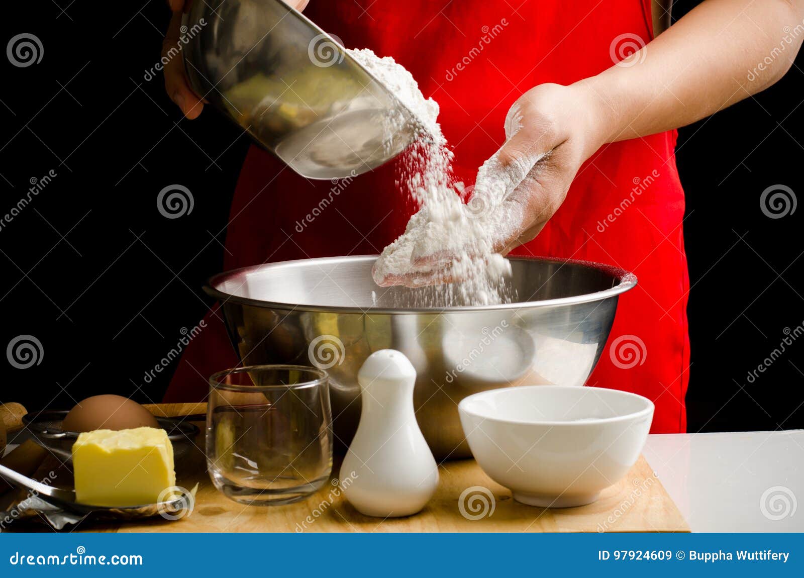 Chef Hand Poring Flour in a Bowl Stock Image - Image of cook, bowl ...