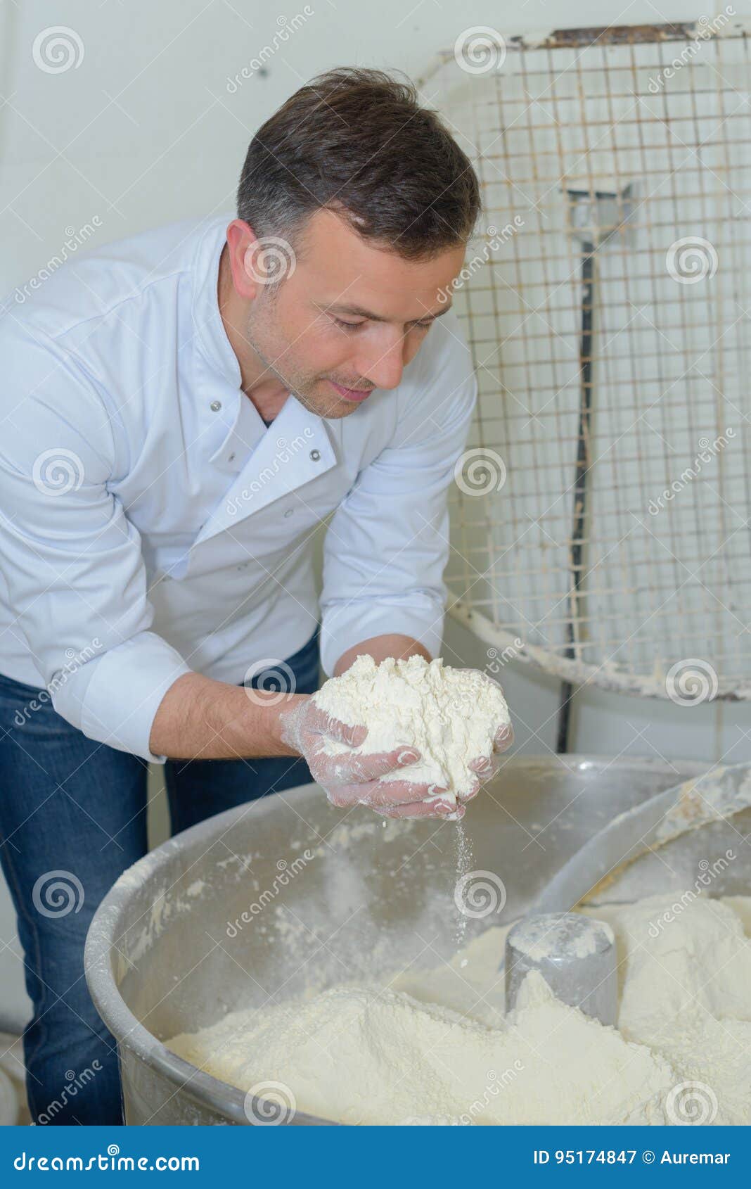 Chef with Handful Flour Over Industrial Mixer Stock Image - Image of ...
