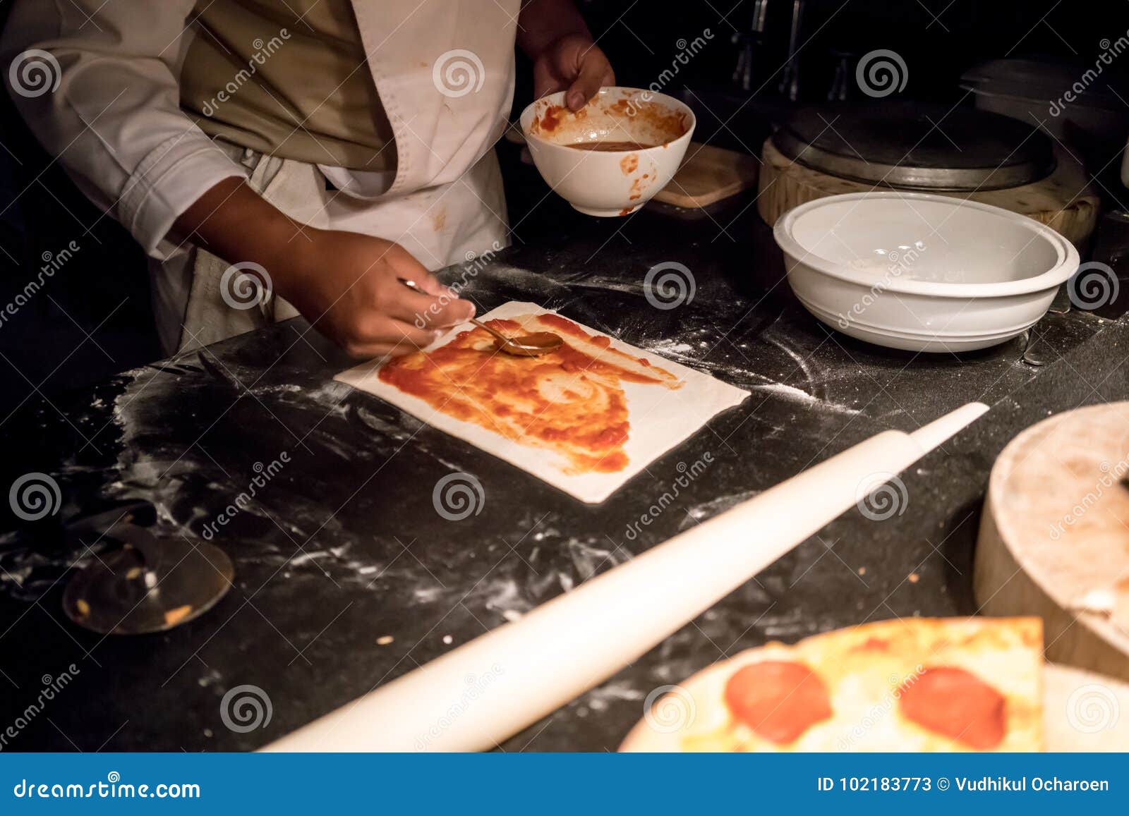 Chef Hands Making and Preparing Pizza in a Kitchen Stock Image - Image ...