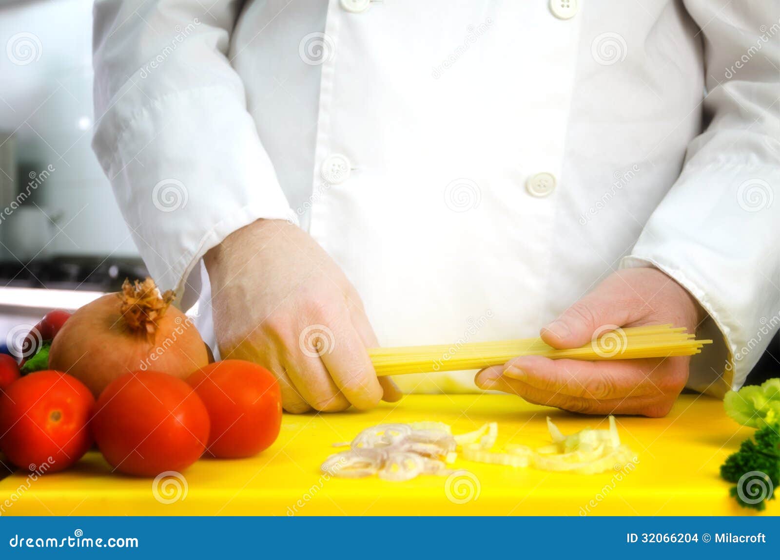 Chef Hands with Pasta En Vegetables Stock Photo - Image of indoors ...