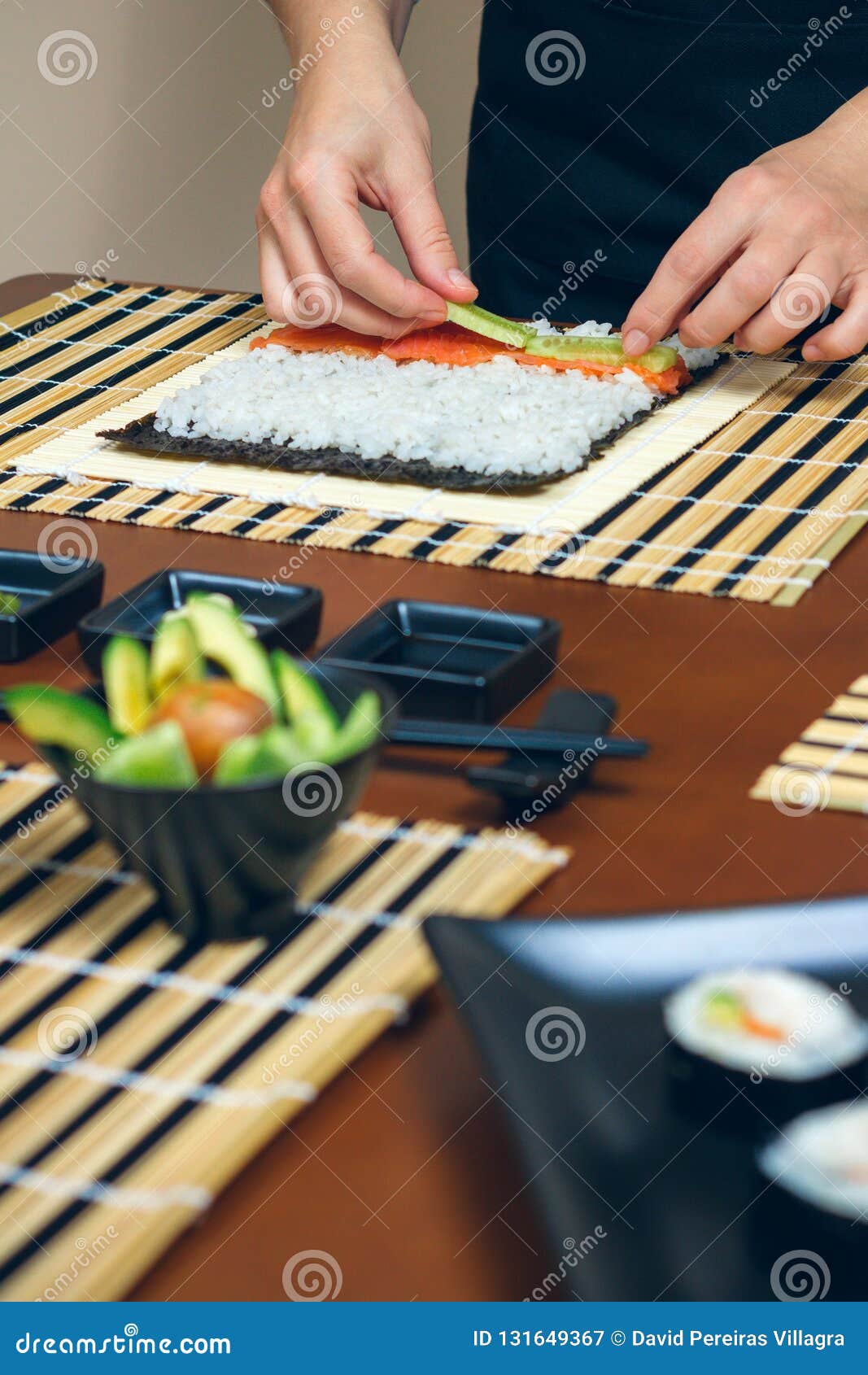 Chef Hands Placing Ingredients on Rice Stock Image - Image of fish ...