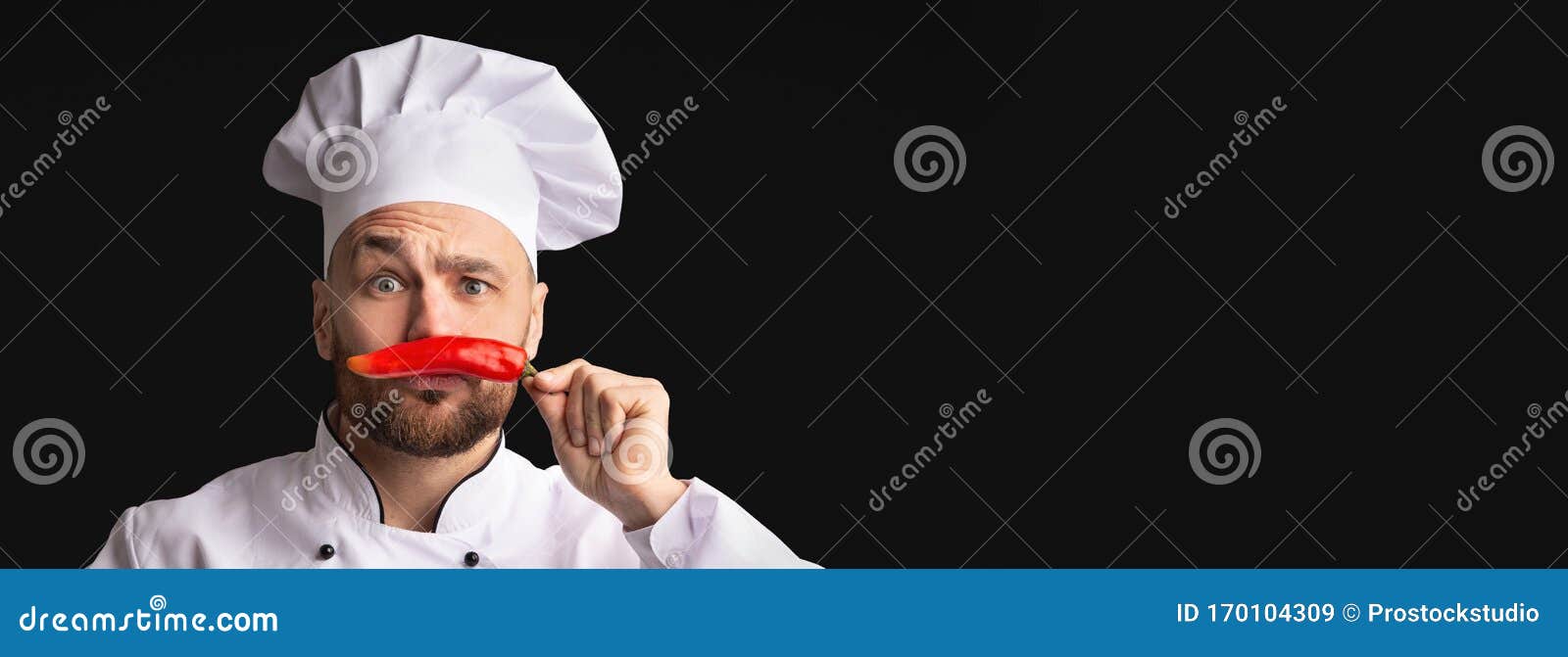 Chef Having Fun Posing with Red Pepper, Black Background, Panorama ...