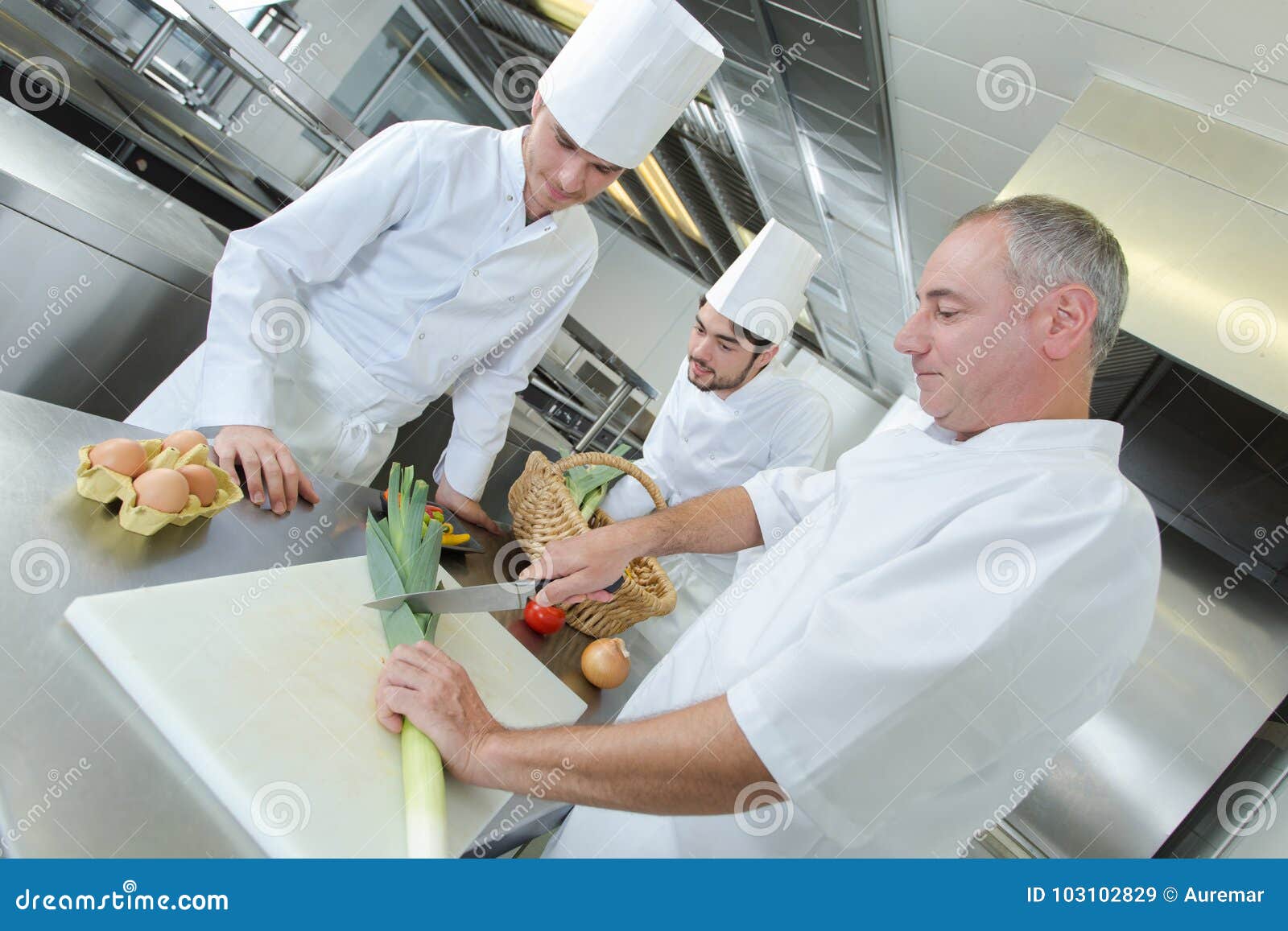 Chef and Helpers in Kitchen Stock Image - Image of ingredient ...