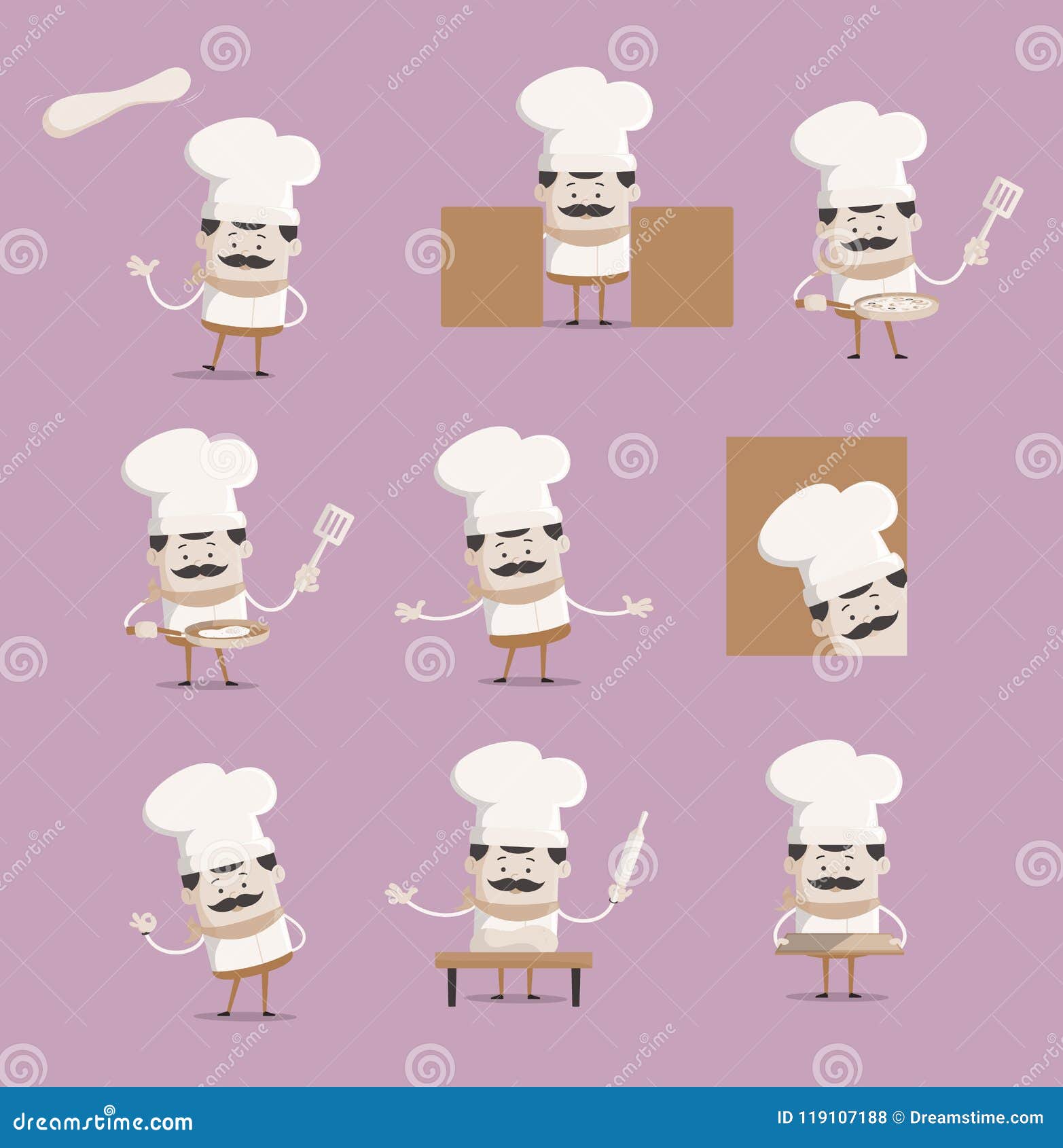 Cartoon Chef Various Cute Poses Flat Vector Illustration Design Stock ...