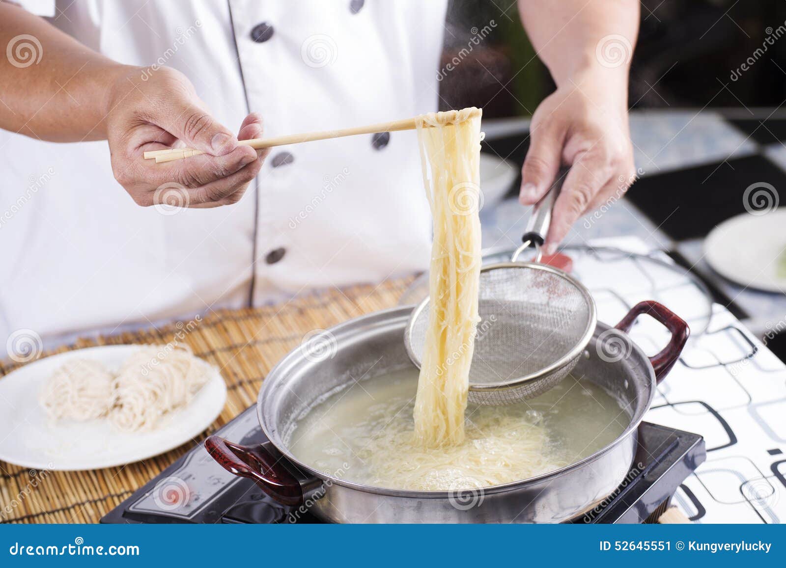 Chef Holding Colander with Cooked Noodle Stock Image - Image of food ...