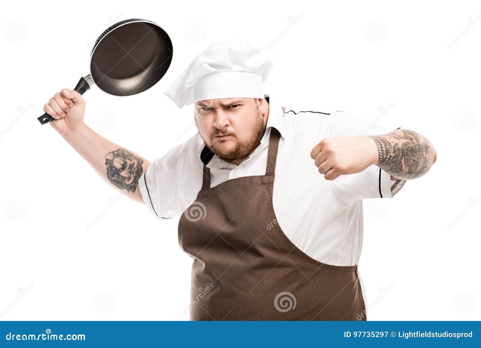Chef Holding Frying Pan and Looking at Camera Isolated on White Stock ...