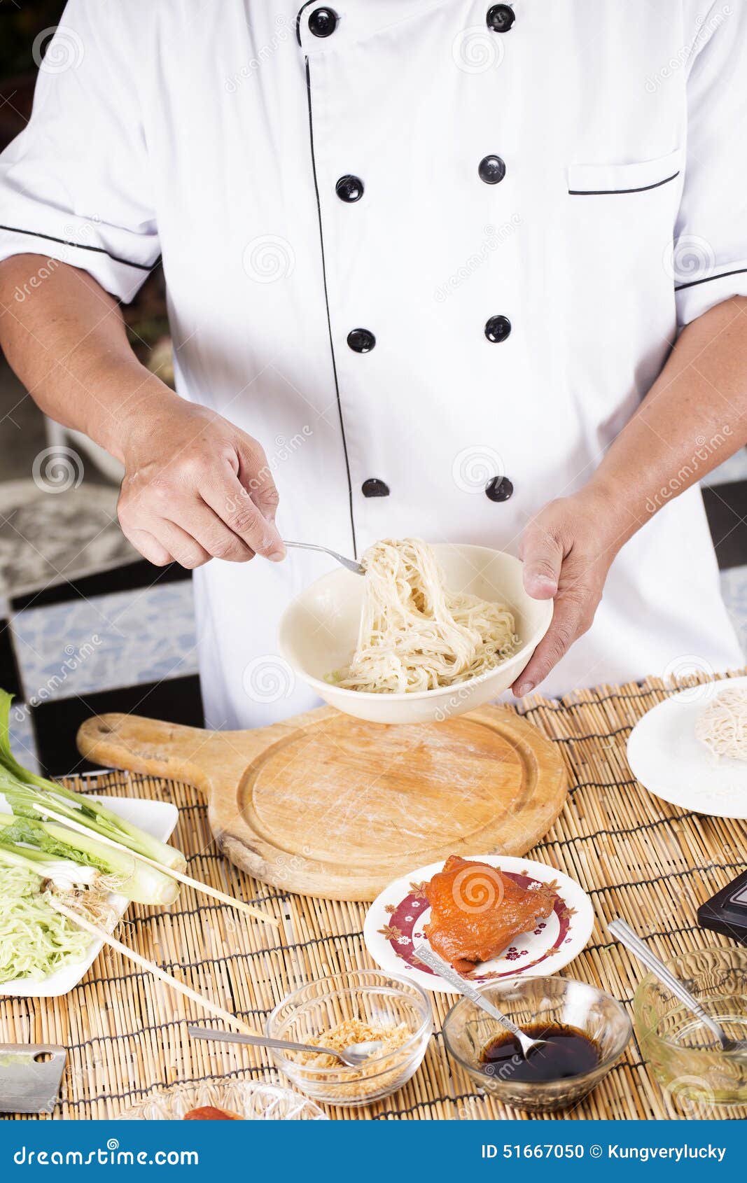 Chef Holding the Noodle from the Bowl with Fork Stock Photo - Image of ...