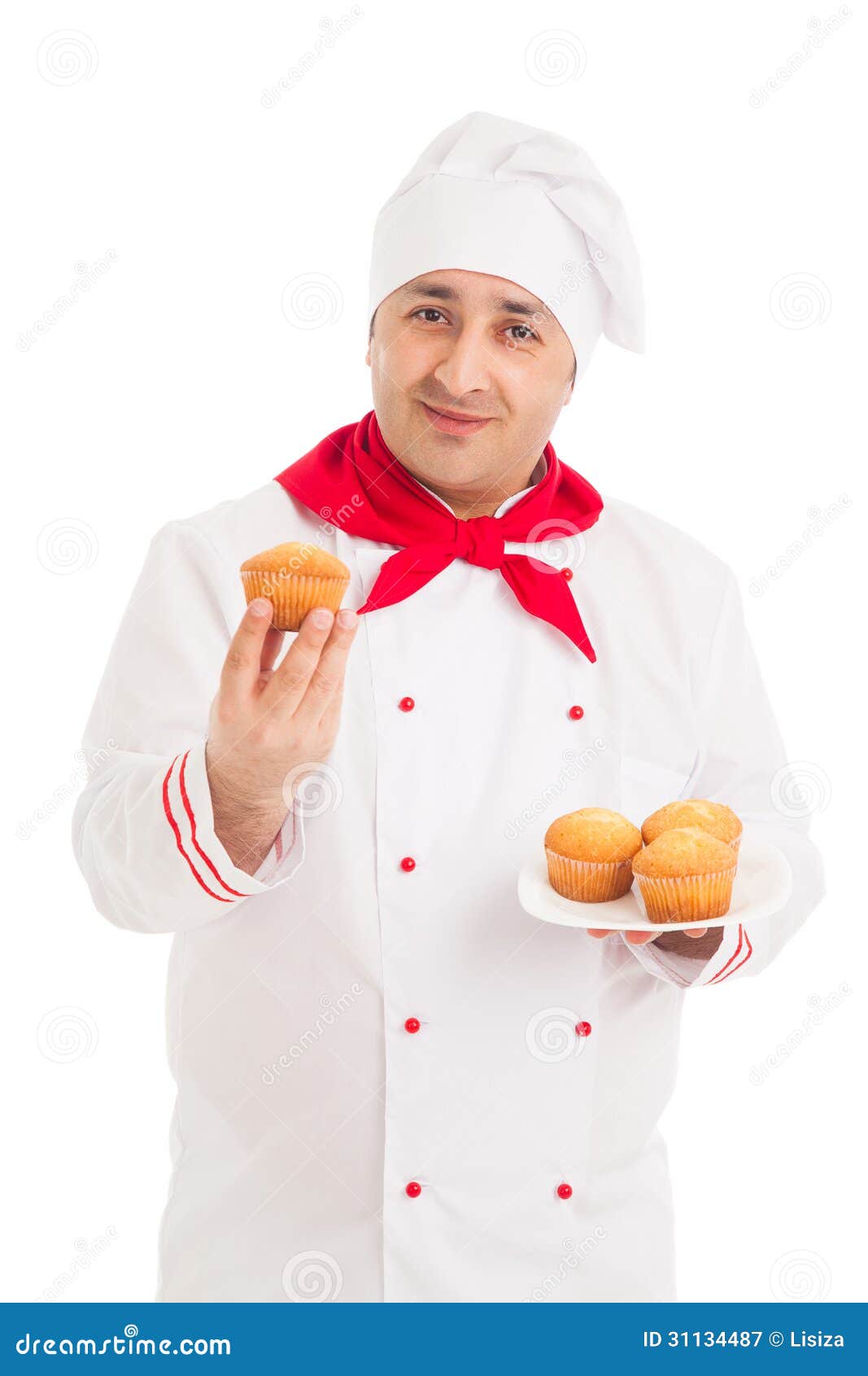Chef Holding Plate with Muffins Wearing Red and White Uniform Stock ...