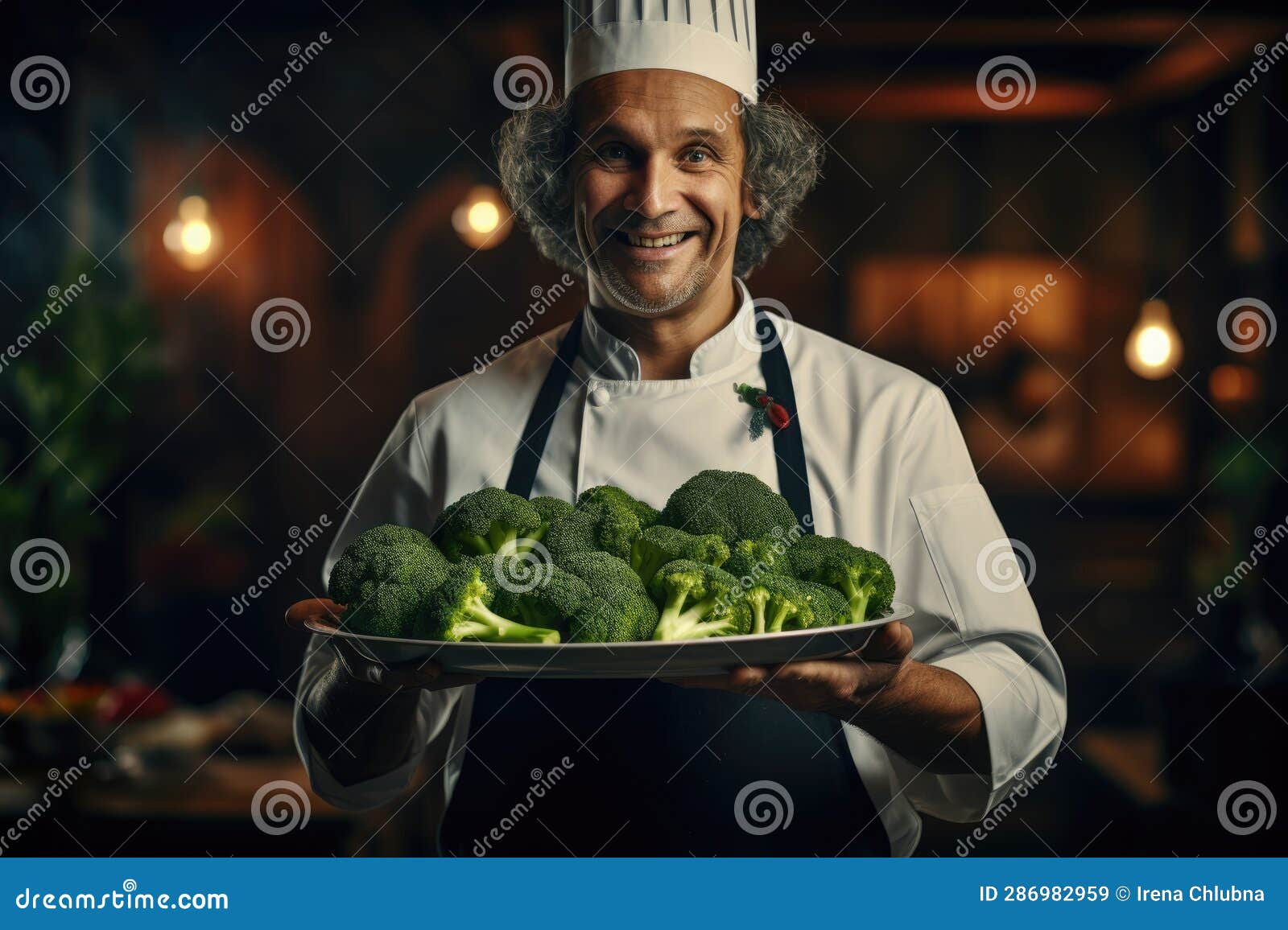 Chef Holding a Tray Full of Broccoli Inside a Kitchen Editorial Stock ...