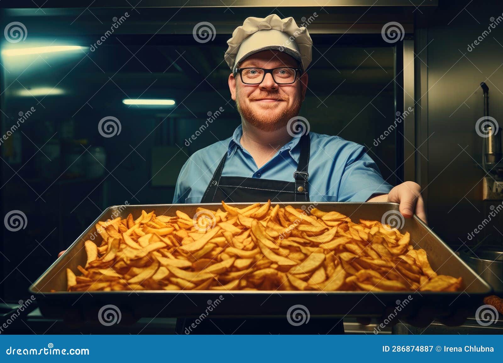 Chef Holding a Tray Full of Fried Crispy Potatoes Inside a Kitchen ...