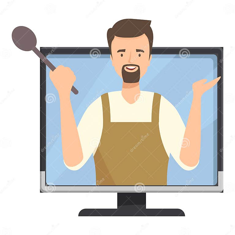 Chef Holding Wooden Spoon Explaining Recipe on Computer Screen Stock ...