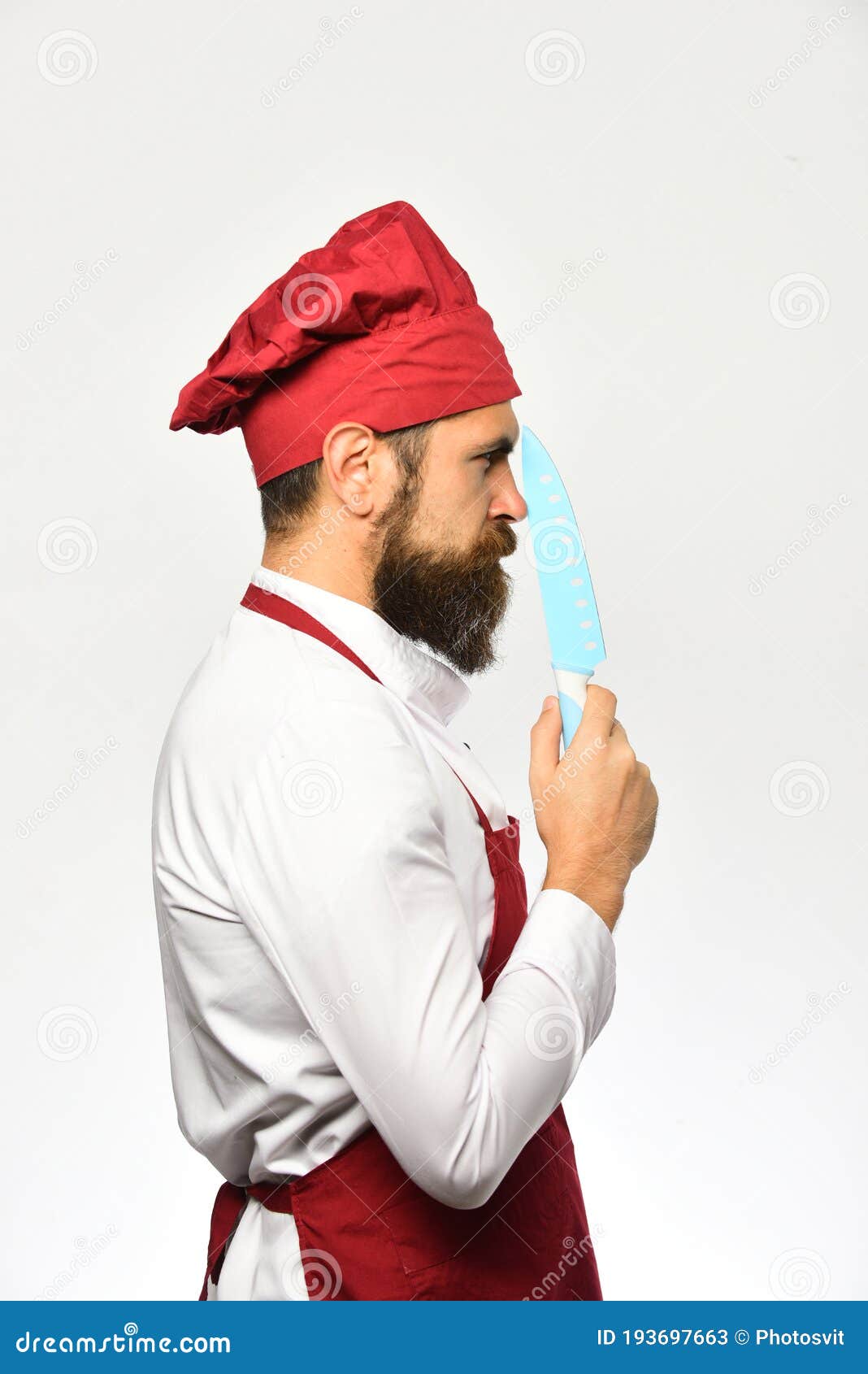 Chef Holds Sharp Blue Knife, Side View. Man with Beard Stock Image ...