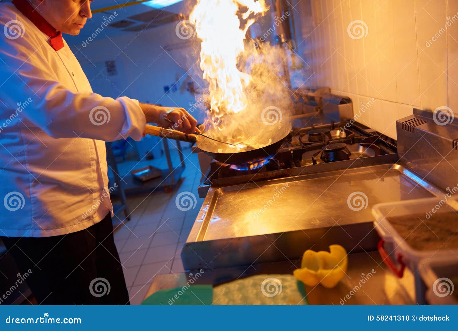 Chef in Hotel Kitchen Prepare Food with Fire Stock Photo - Image of ...