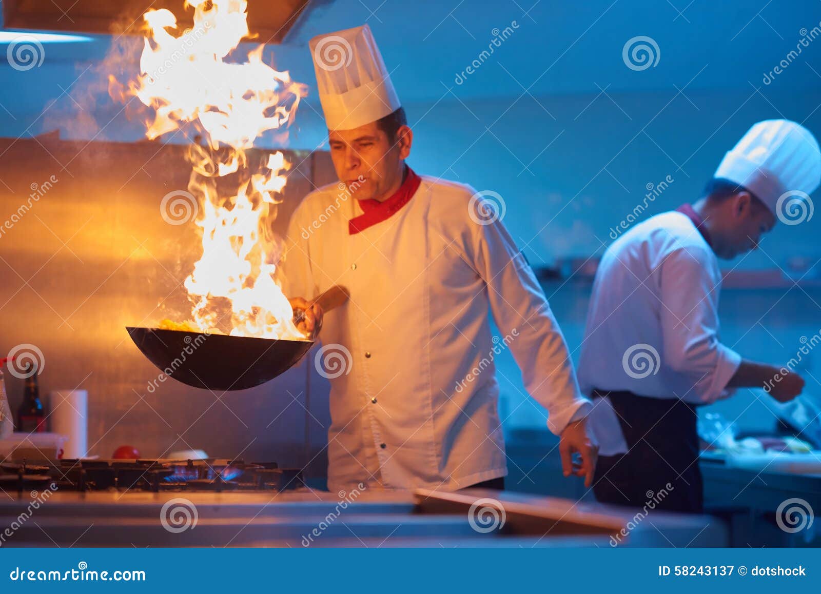 Chef in Hotel Kitchen Prepare Food with Fire Stock Image - Image of ...