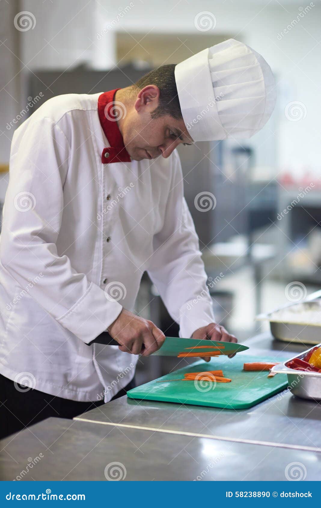 Chef in Hotel Kitchen Slice Vegetables with Knife Stock Photo - Image ...