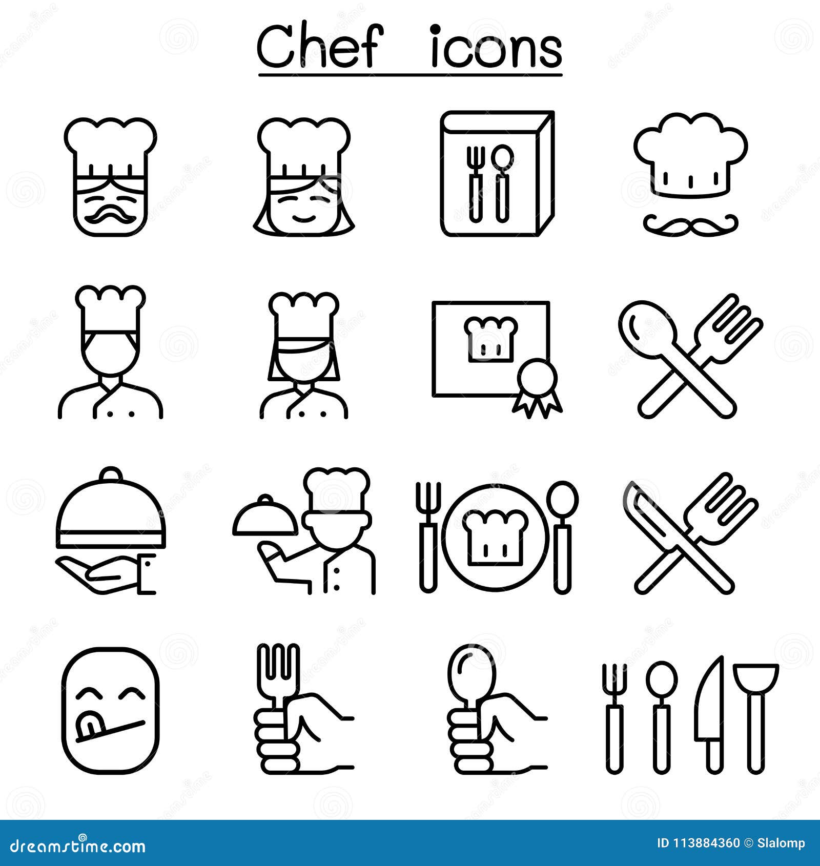 Chef Icon Set in Thin Line Style Stock Vector - Illustration of knife ...
