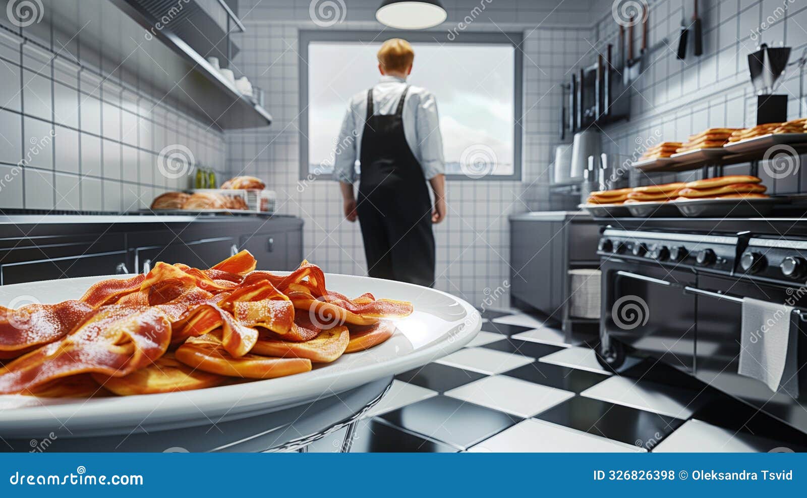 Chef in the Kitchen of Restaurant, Plate Overloaded with Bacon Full ...