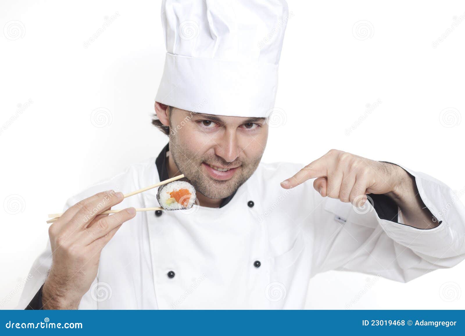 Chef-kok in De Hoed Van De Chef-kok Met Sushi Stock Foto - Image of ...