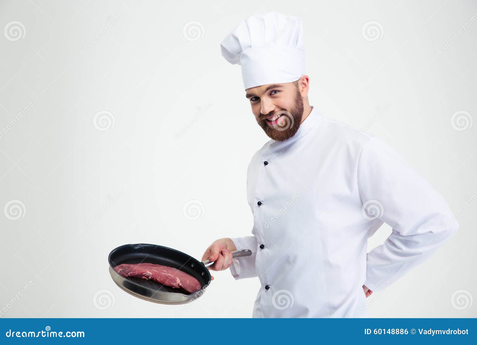 Chef-kokkok Die Vers Vlees Op Pan Houden Stock Foto - Image of ...