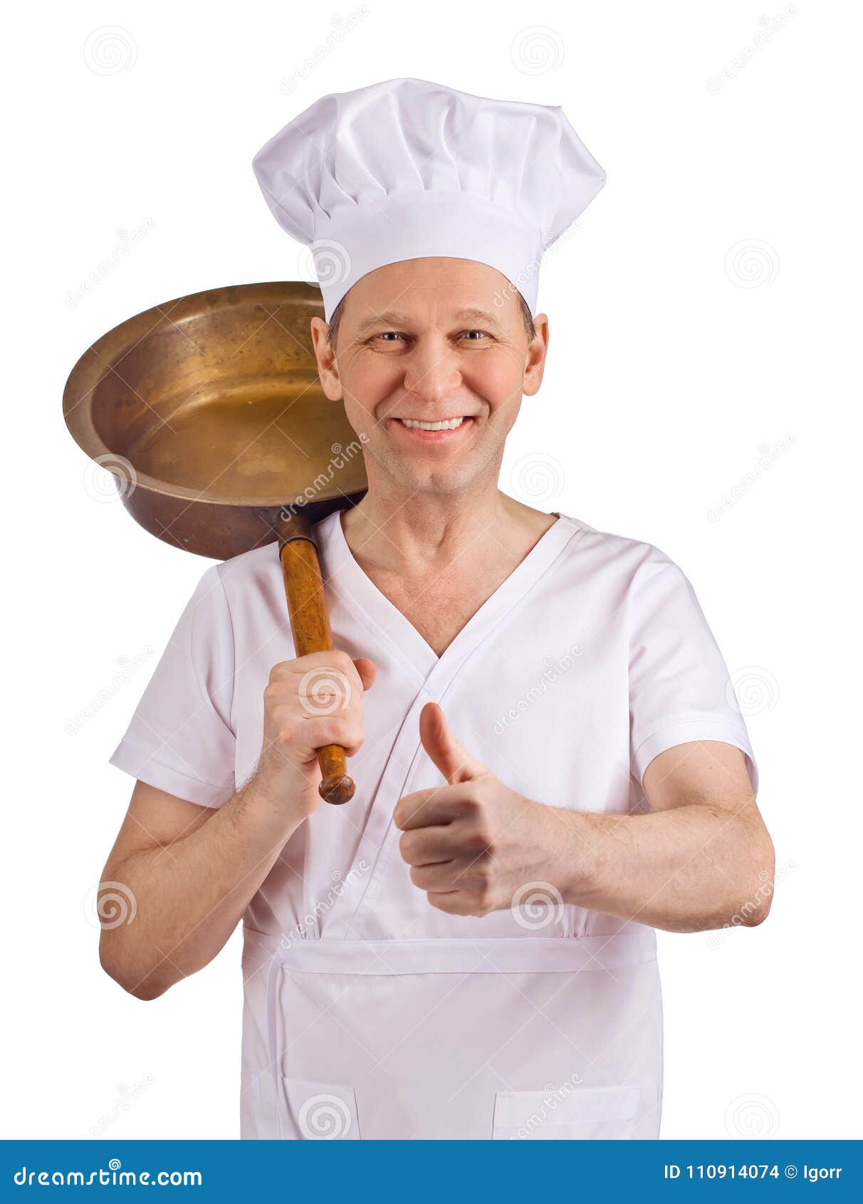 Chef with a Large Copper Pan on White Stock Photo - Image of adult ...