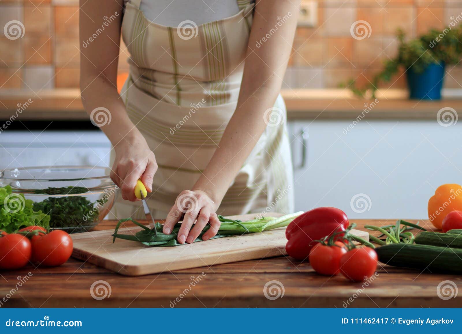Woman Make Fresh Salad on the Kitchen Stock Image - Image of green ...