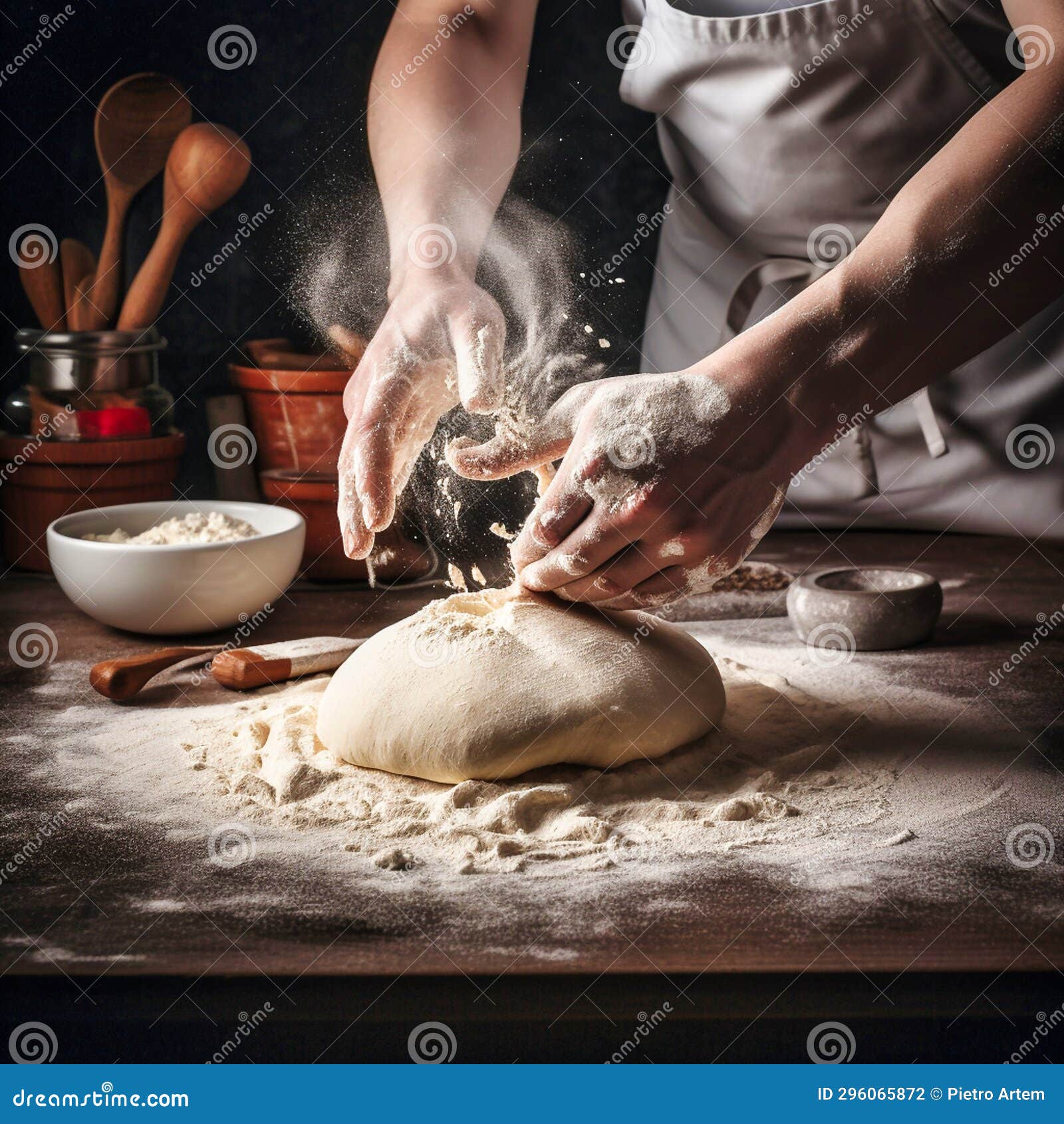 A chef makes pizza dough stock photo. Image of cook - 296065872