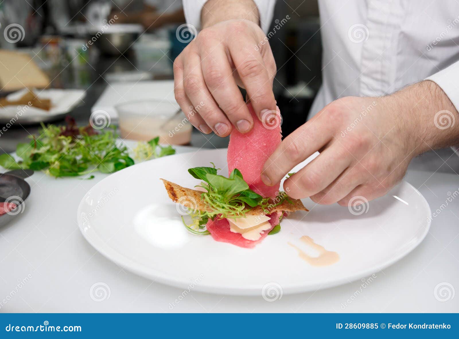 Chef is making appetizer stock image. Image of service - 28609885