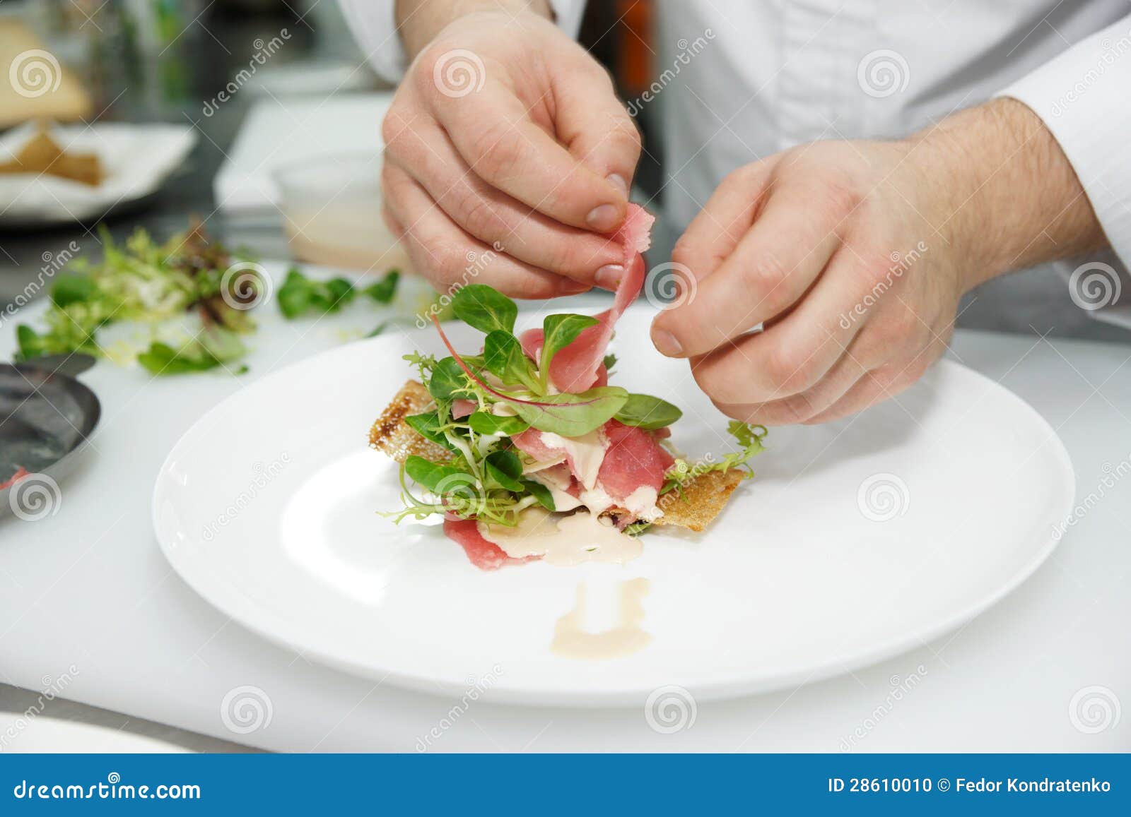 Chef is making appetizer stock photo. Image of food, garnish - 28610010