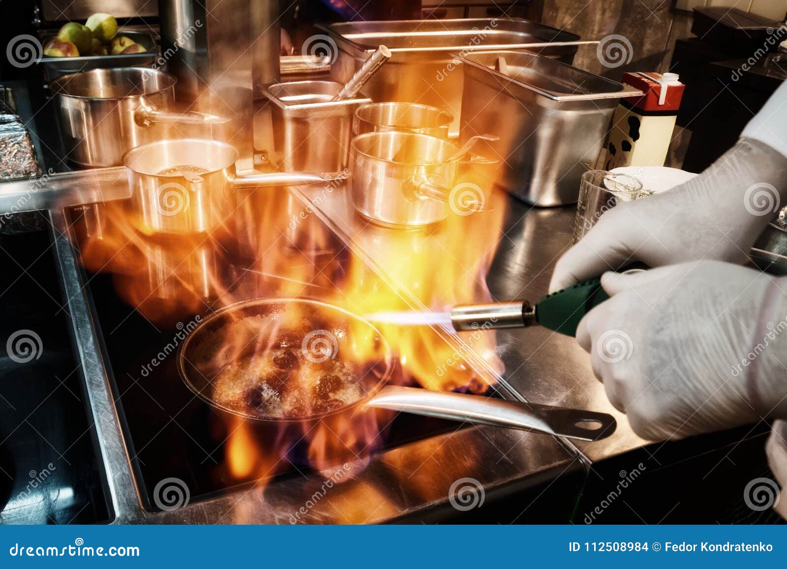 Chef is Making Flambe with Cognac, Toned Stock Photo - Image of gourmet ...