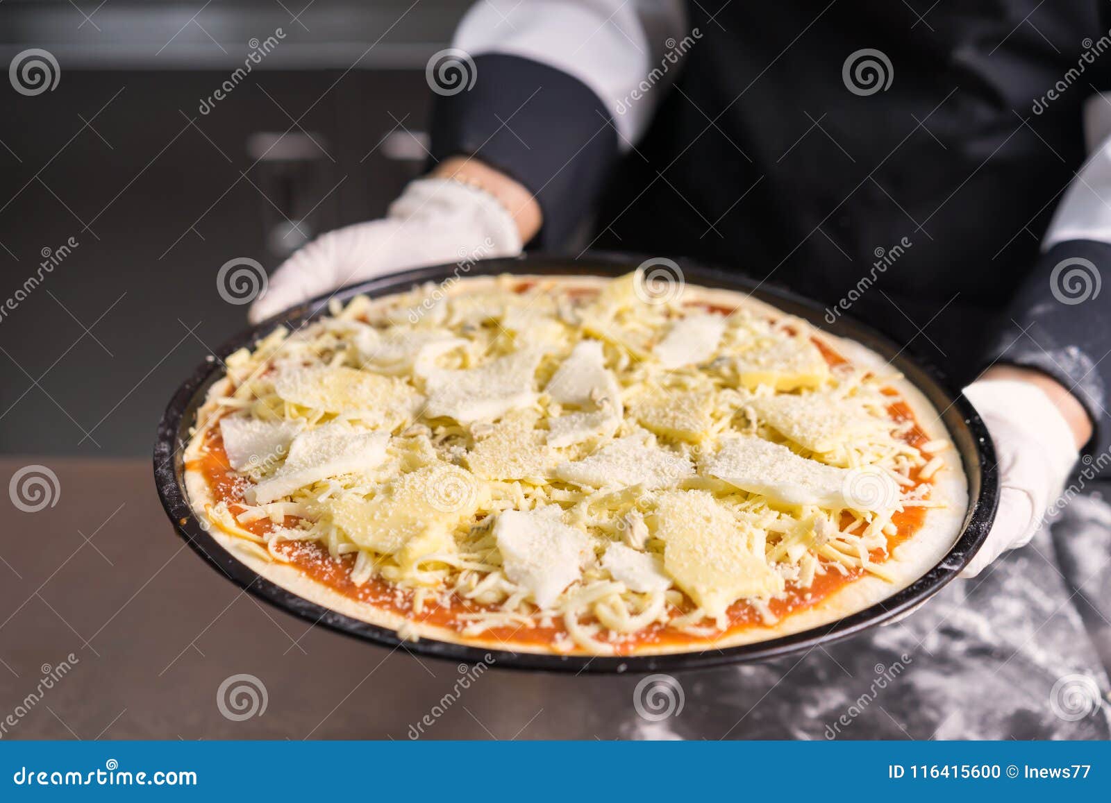 Chef Making Pizza with Cheese at Kitchen. Stock Photo - Image of melted ...